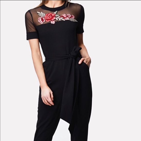 Pants & Jumpsuits | Black Tie Waist Jumpsuit Mesh Insert Floral Embr ...